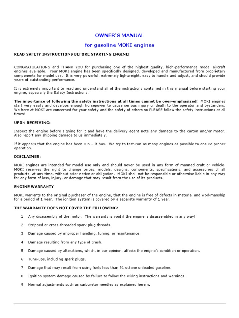 User Guide For MOKI Gasoline Engines | PDF | Carburetor | Throttle