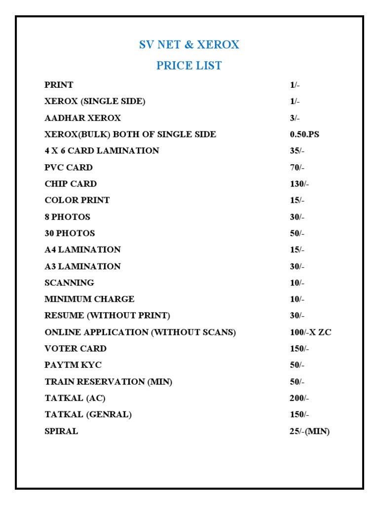 SV Net & Xerox Price List | PDF