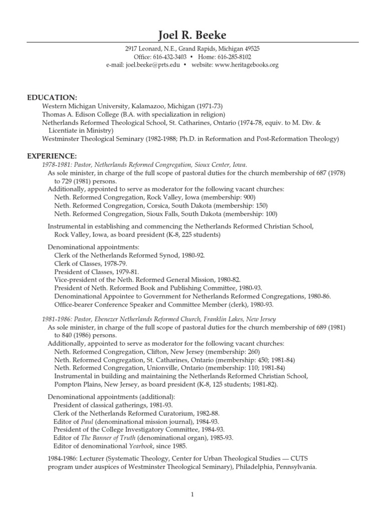 Joel R. Beeke CV Aug2016 | PDF | Calvinism | Puritans