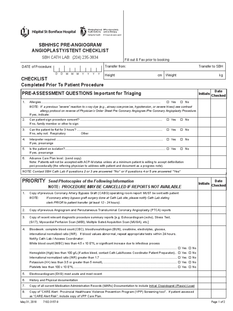 SBH/HSC Pre-Angiogram/ Angioplasty/Stent Checklist | Download Free PDF ...