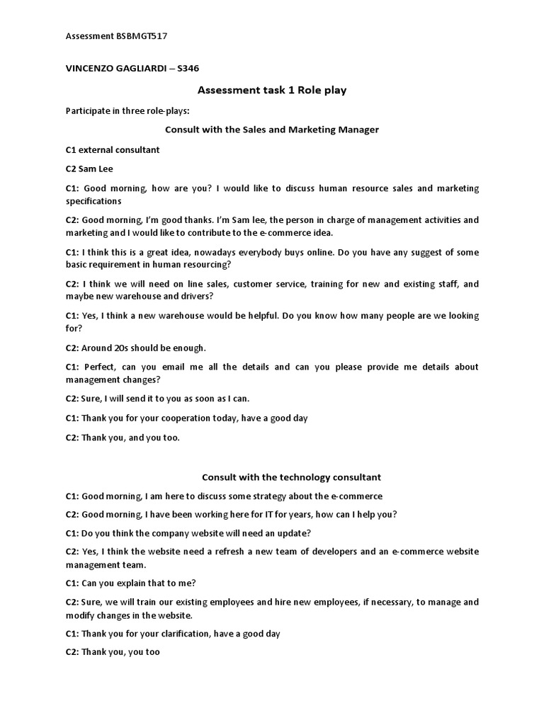 Bsbmgt517 Role Plays Assessment Task 1 2 3 | PDF | E Commerce | Marketing