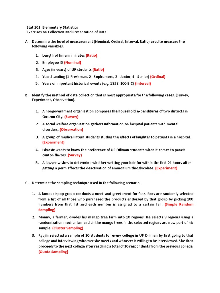 Chapter 2 Exercises With Answers Pdf Sampling Statistics Experiment