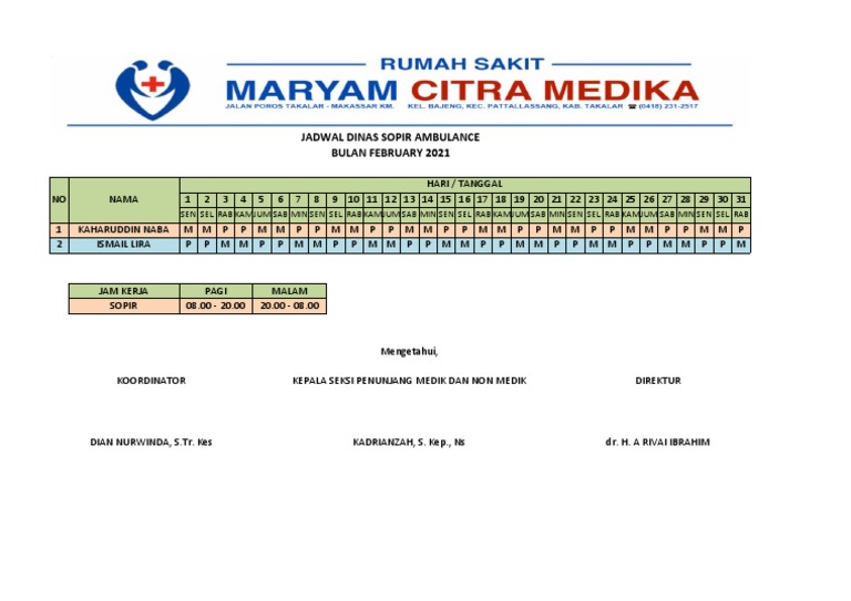 Jadwal Dinas Driver Ambulance Bulan February | PDF