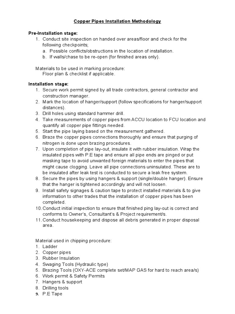 Copper Pipes Installation Methodology | PDF