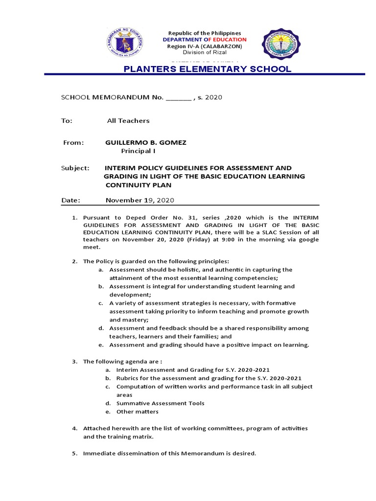 DepEd's Interim Guidelines on Assessment and Grading | PDF | Human ...