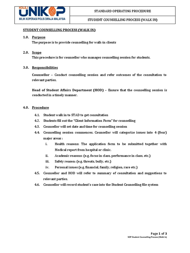 SOP - Counseling (02-Walk In) | PDF | Psychotherapy | Medicine