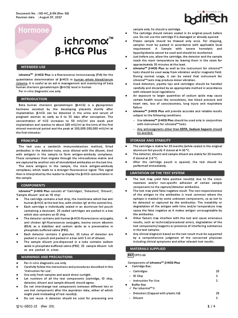B HCG Plus | PDF | Blood Plasma | Detection Limit