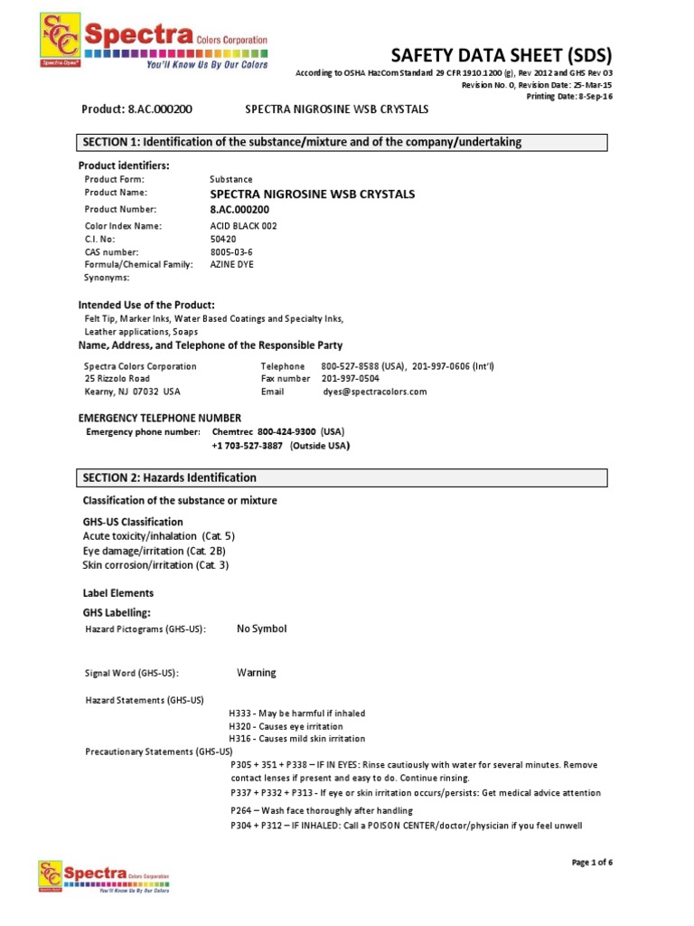 Safety Data Sheet (SDS) : Spectra Nigrosine WSB Crystals | PDF ...