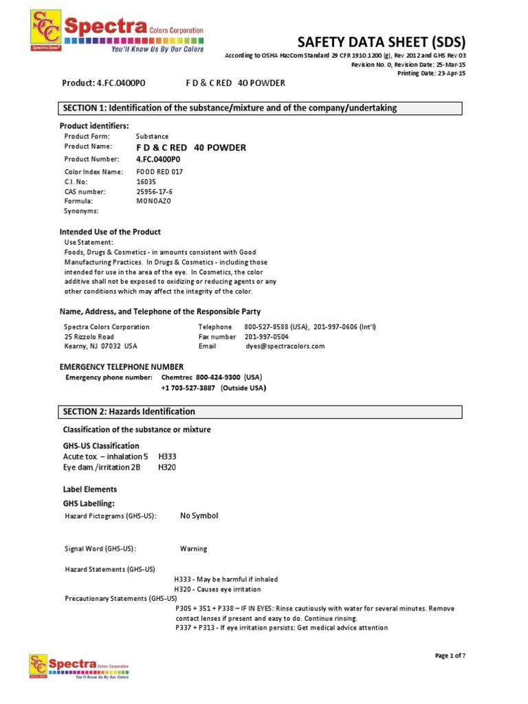 Safety Data Sheet (SDS) : F D & C Red 40 Powder | PDF | Firefighting ...