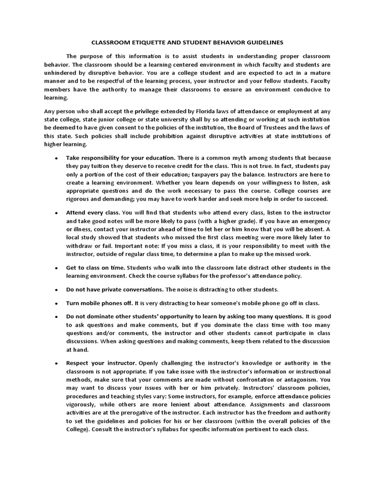 Classroom Etiquette and Student Behavior Guidelines | PDF | Classroom ...