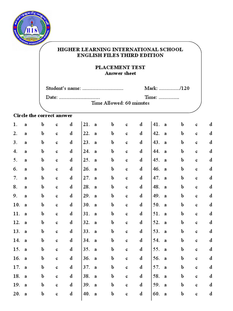 English Placement Test Answer Sheet | PDF | Tests | Educational ...
