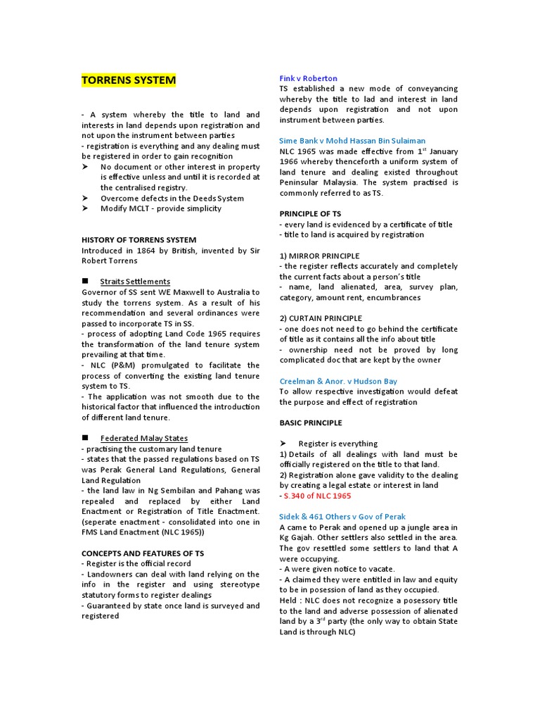 Torrens System: Principle of Ts | PDF | Common Law | Private Law