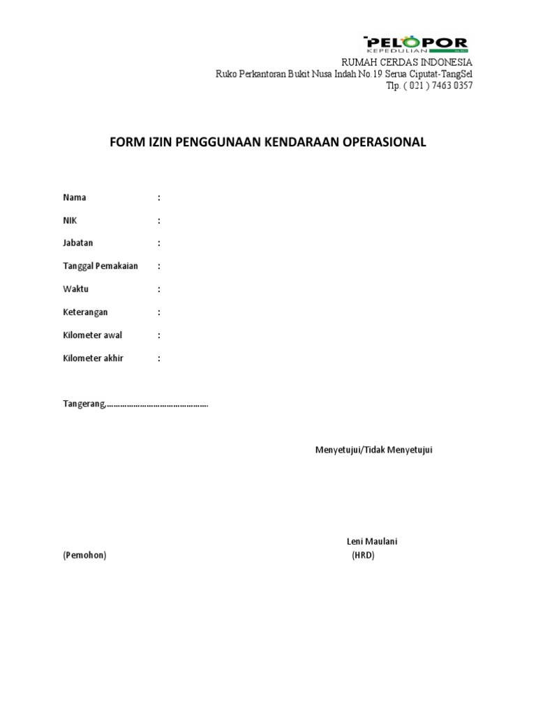 Form Izin Penggunaan Kendaraan Operasional | PDF