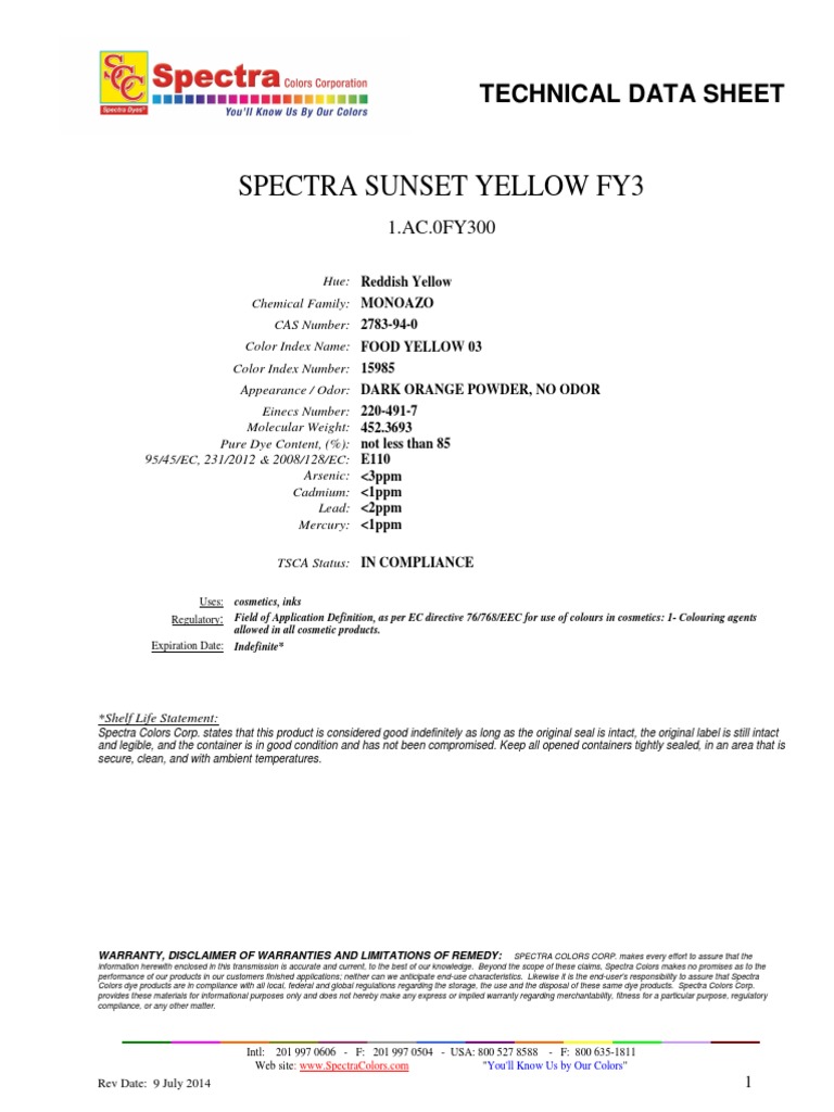 Spectra Sunset Yellow Fy3: Technical Data Sheet | PDF | Shelf Life | Color