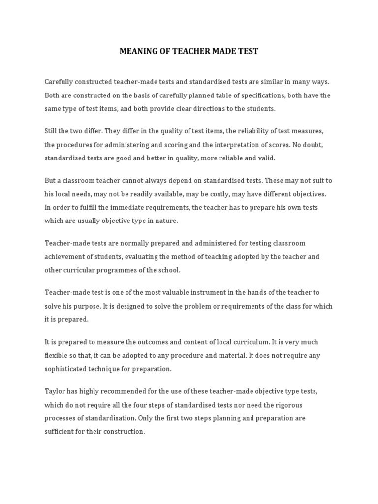 Meaning of Teacher Made Test | PDF | Standardized Tests | Test (Assessment)