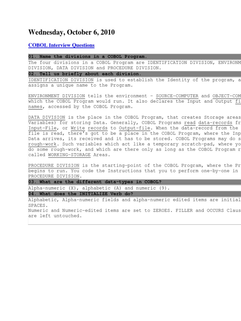 COBOL Interview Questions | Download Free PDF | Binary Coded Decimal | Arithmetic