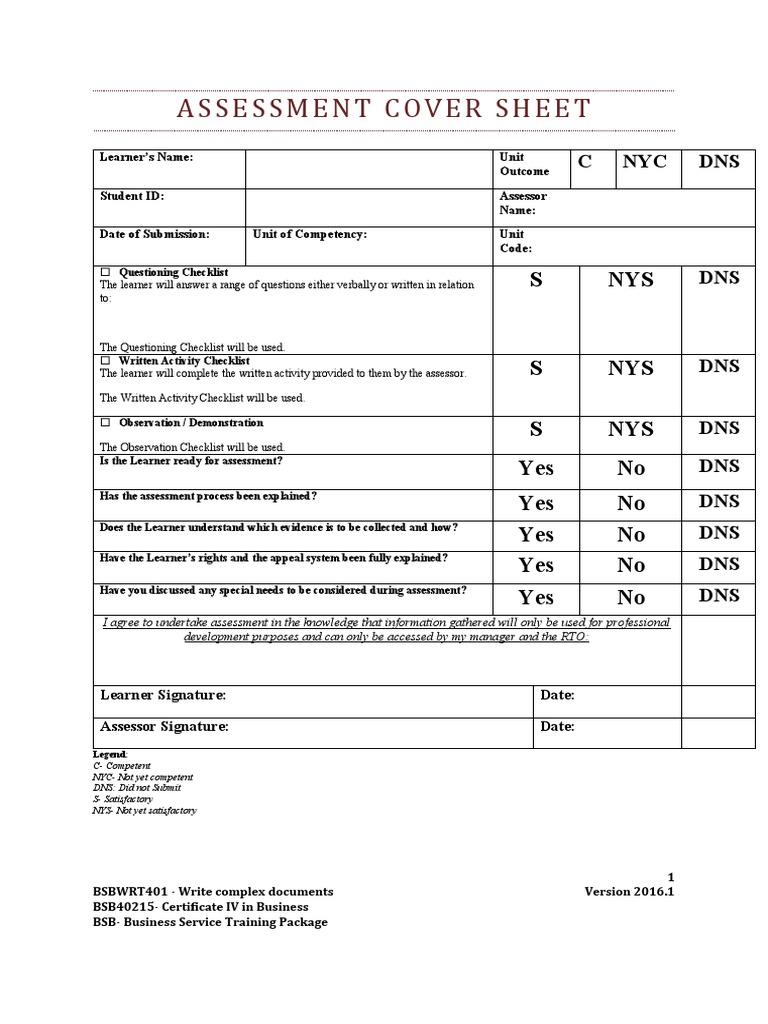 Assessment Cover Sheet: S NYS | PDF | Educational Assessment ...