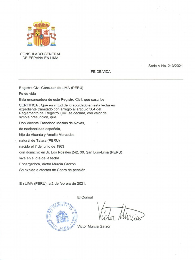 Fe de Vida Sr. Masias de Navas 2021 | PDF