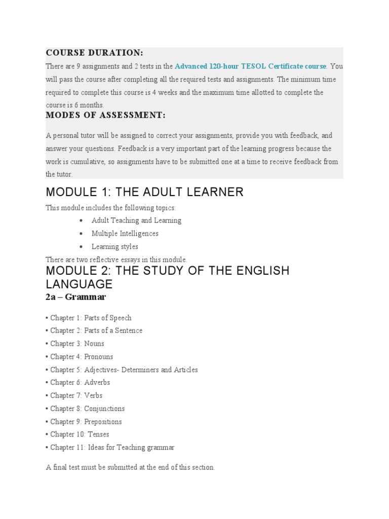 Sample TESOL Course Outline | PDF | English As A Second Or Foreign ...