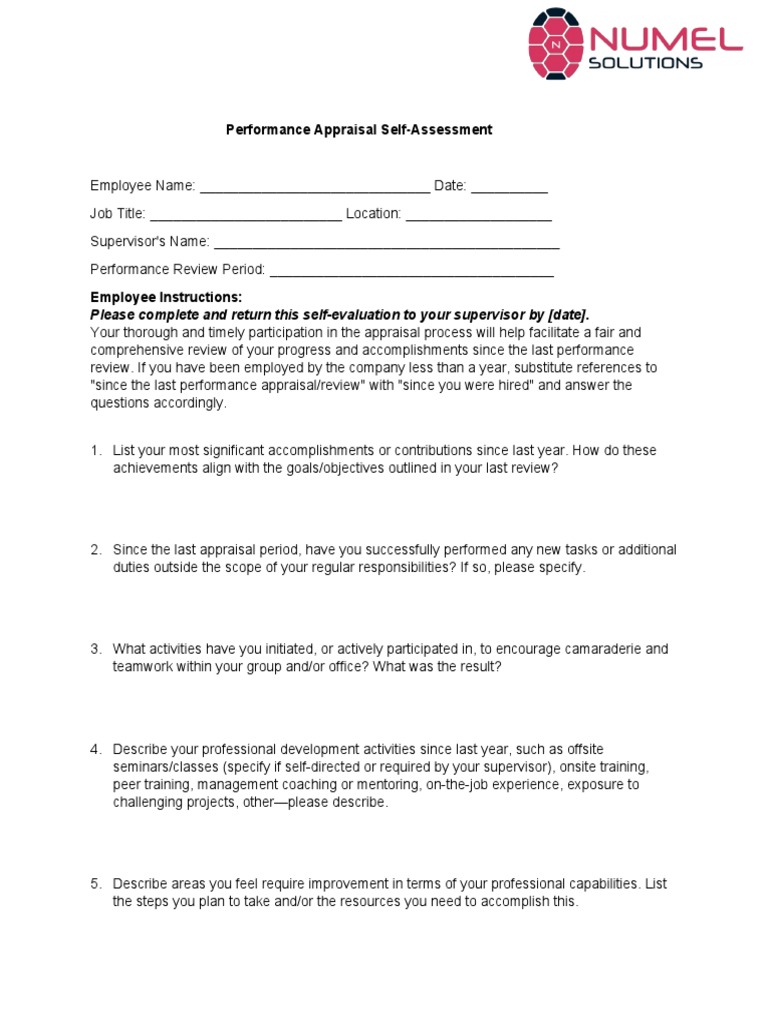 Performance Appraisal Self Assessment | PDF | Performance Appraisal ...