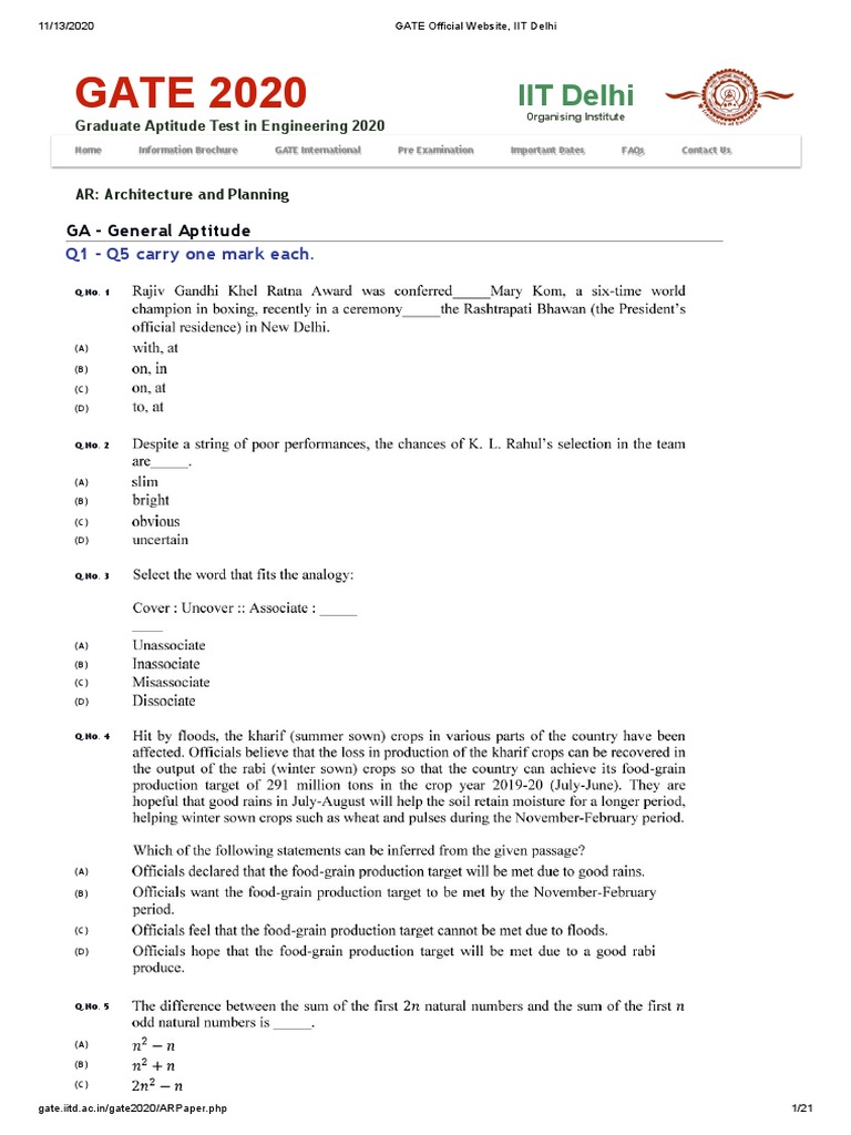 AR-GATE-2020-P (Gate2016.info) | PDF | Evaluation Methods | Student Assessment And Evaluation