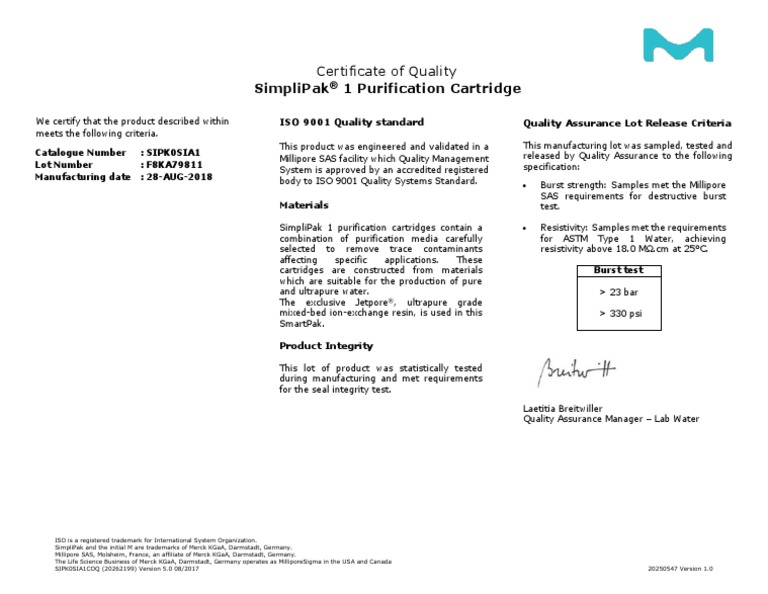 Simplipak 1 Purification Cartridge: Certificate of Quality | PDF | Iso ...