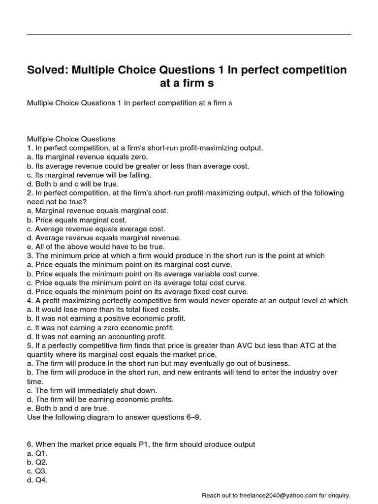 Multiple Choice Questions 1 in Perfect Competition at A Firm S ...