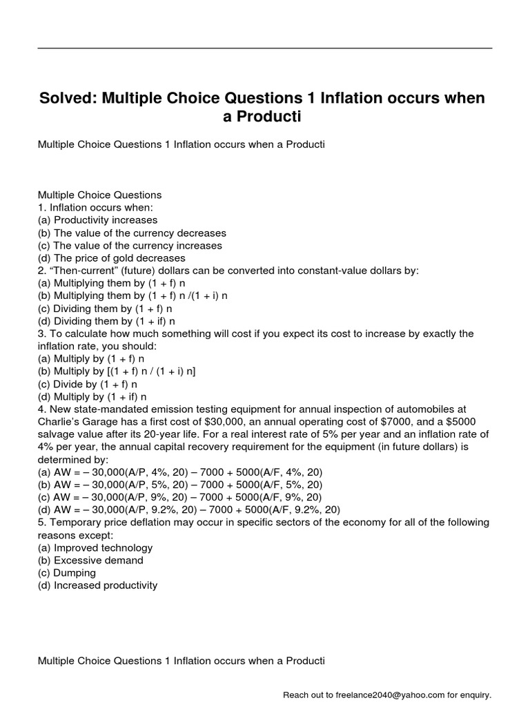 Multiple Choice Questions 1 Inflation Occurs When A Producti | PDF