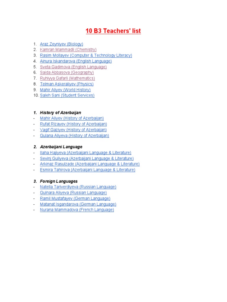 10 B3 Teachers' list with subject areas and instructor names | PDF