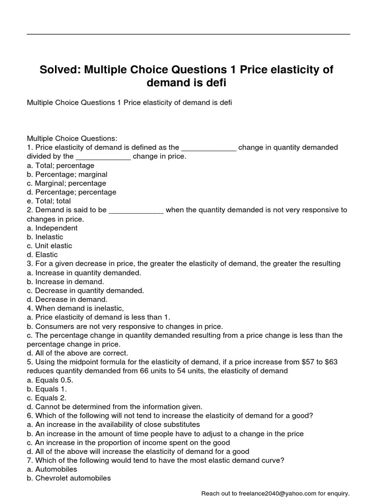 Multiple Choice Questions 1 Price Elasticity of Demand Is Defi | PDF
