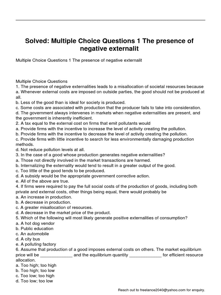 Multiple Choice Questions 1 The Presence of Negative Externalit | PDF