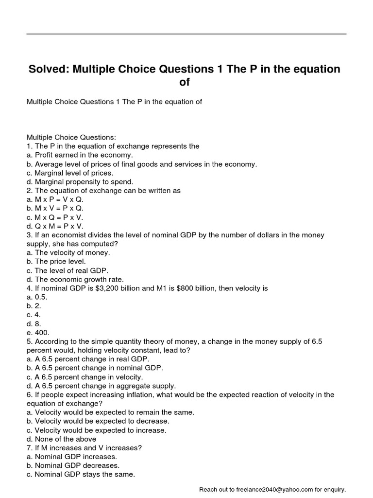 Multiple Choice Questions 1 The P in The Equation of | PDF | Monetary ...