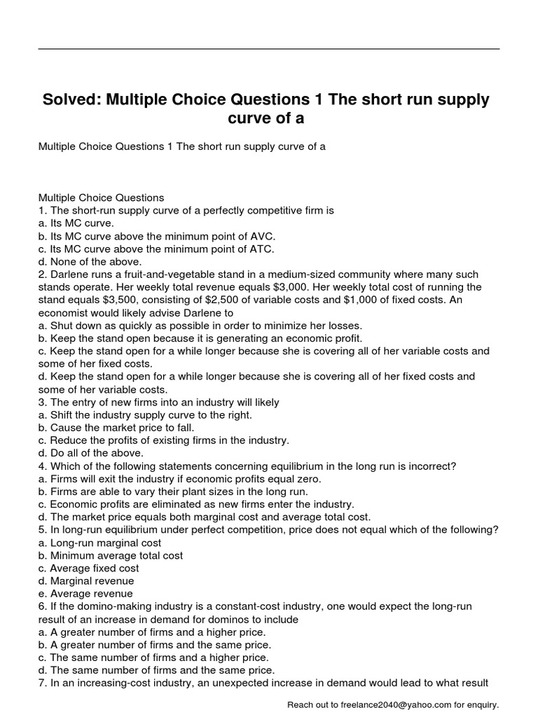 Multiple Choice Questions 1 The Short Run Supply Curve of A | PDF ...