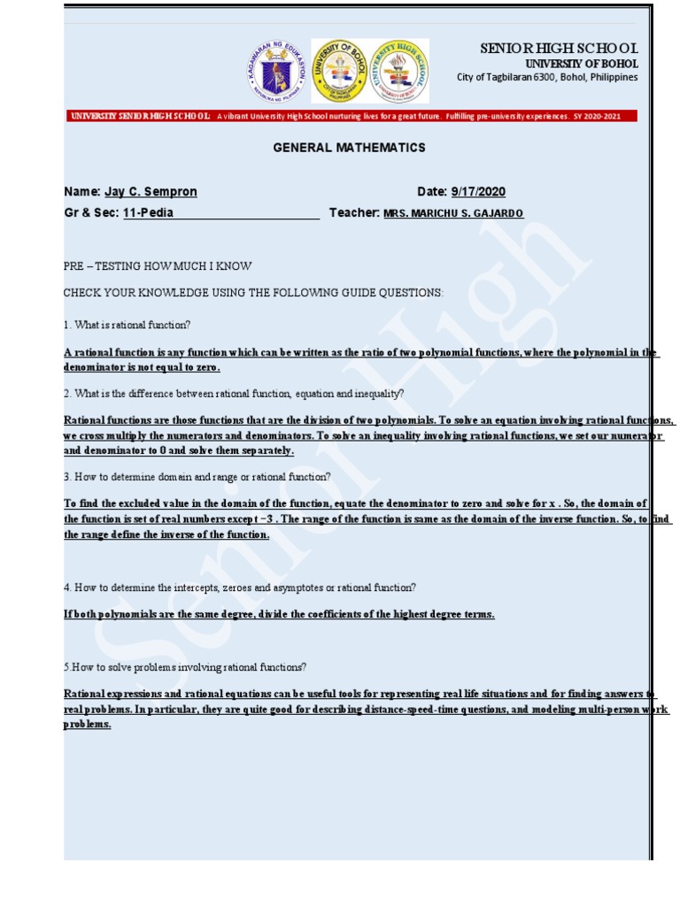 Answer-Sheet GEN MATH | PDF | Polynomial | Function (Mathematics)