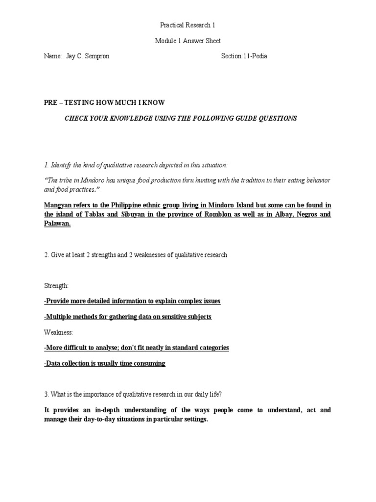 Practical Research 1 Module 1 Answer Sheet Name: Jay C. Sempron Section ...