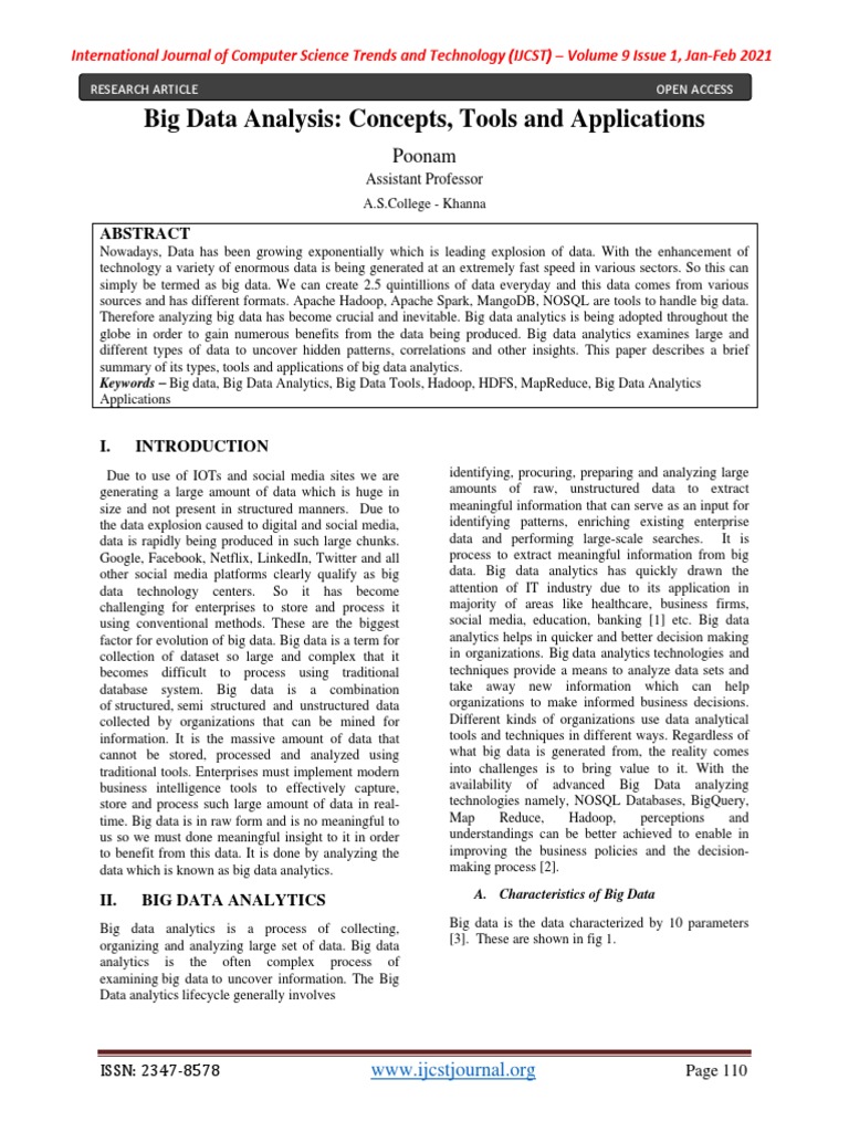 Big Data Analysis: Concepts, Tools and Applications: Poonam | PDF | Apache Hadoop | No Sql