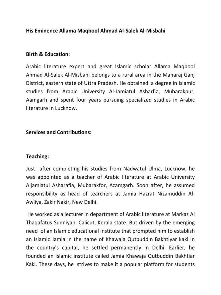 Allama Maqbool Ahmad Al-Misbahi: Scholar and Educator | PDF | Islamic ...