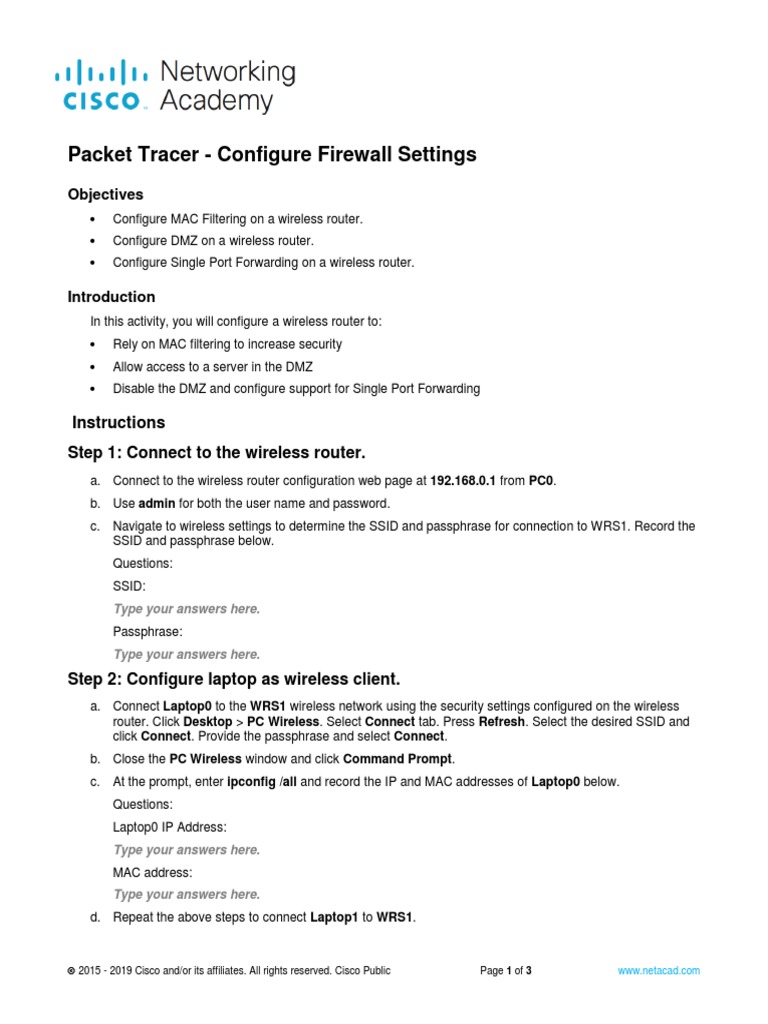 Packet Tracer - Configure Firewall Settings | PDF | Router (Computing ...