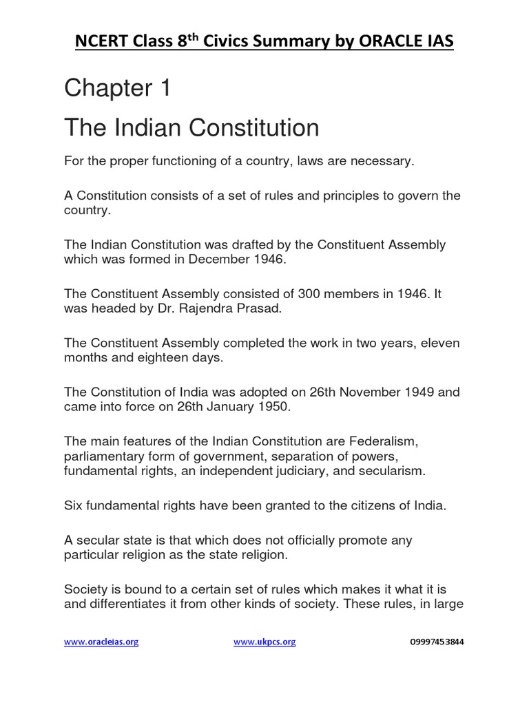 The Indian Constitution: NCERT Class 8 Civics Summary by ORACLE IAS ...