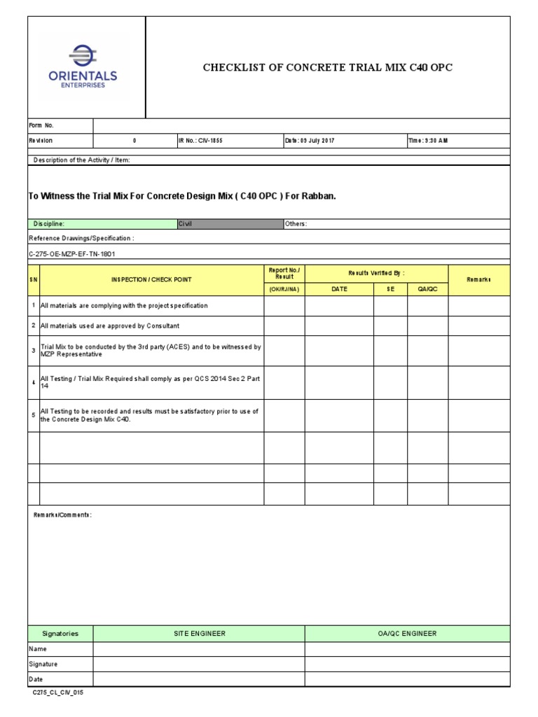 Checklist For Trial Mix C60 + 5% SF | PDF