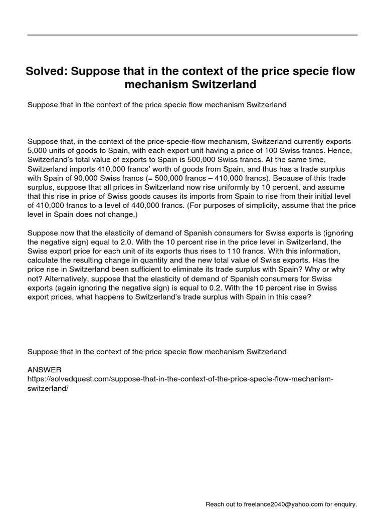 Suppose That in The Context of The Price Specie Flow Mechanism ...