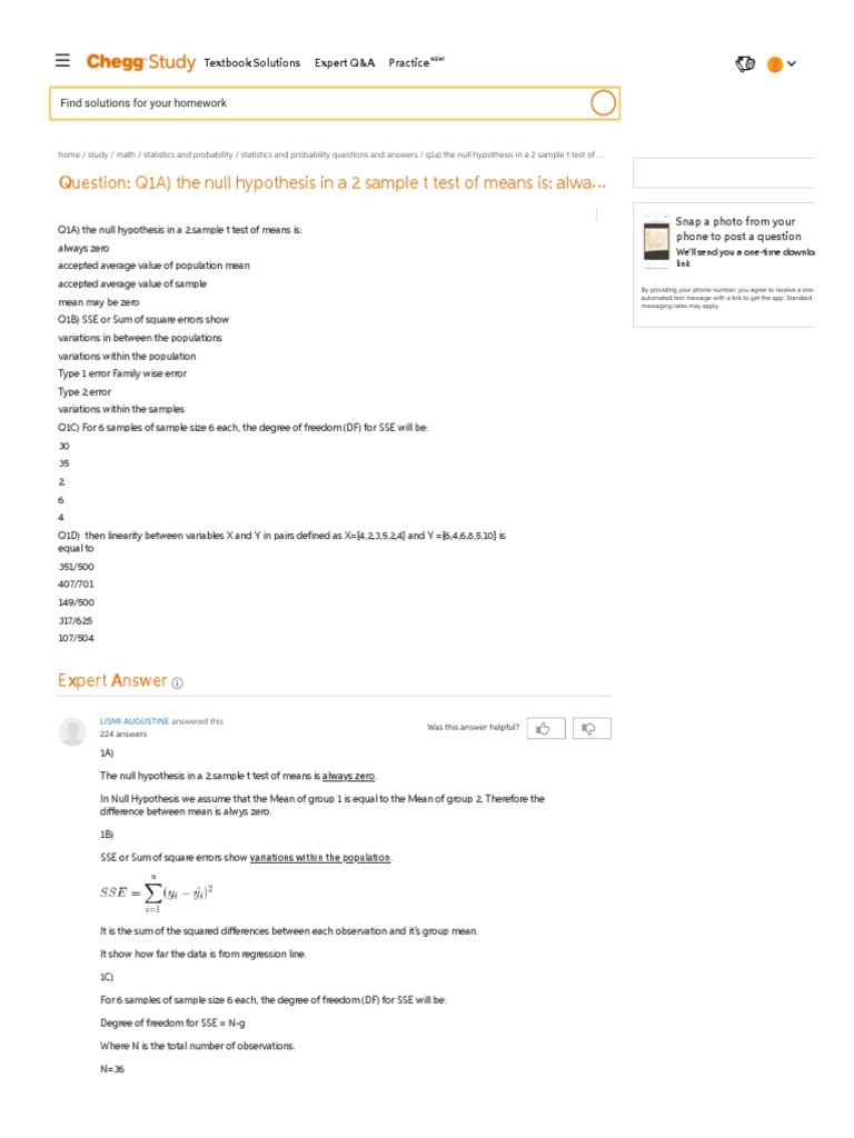 Q1A) The Null Hypothesis in A 2 Sample T Test of M... | PDF | Errors ...