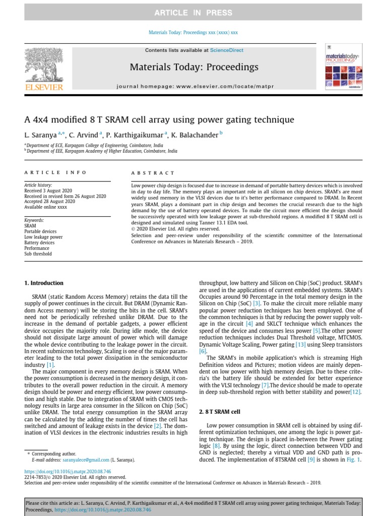 A 4x4 Modified 8T SRAM Cell Array Using Power Gating Technique | PDF ...