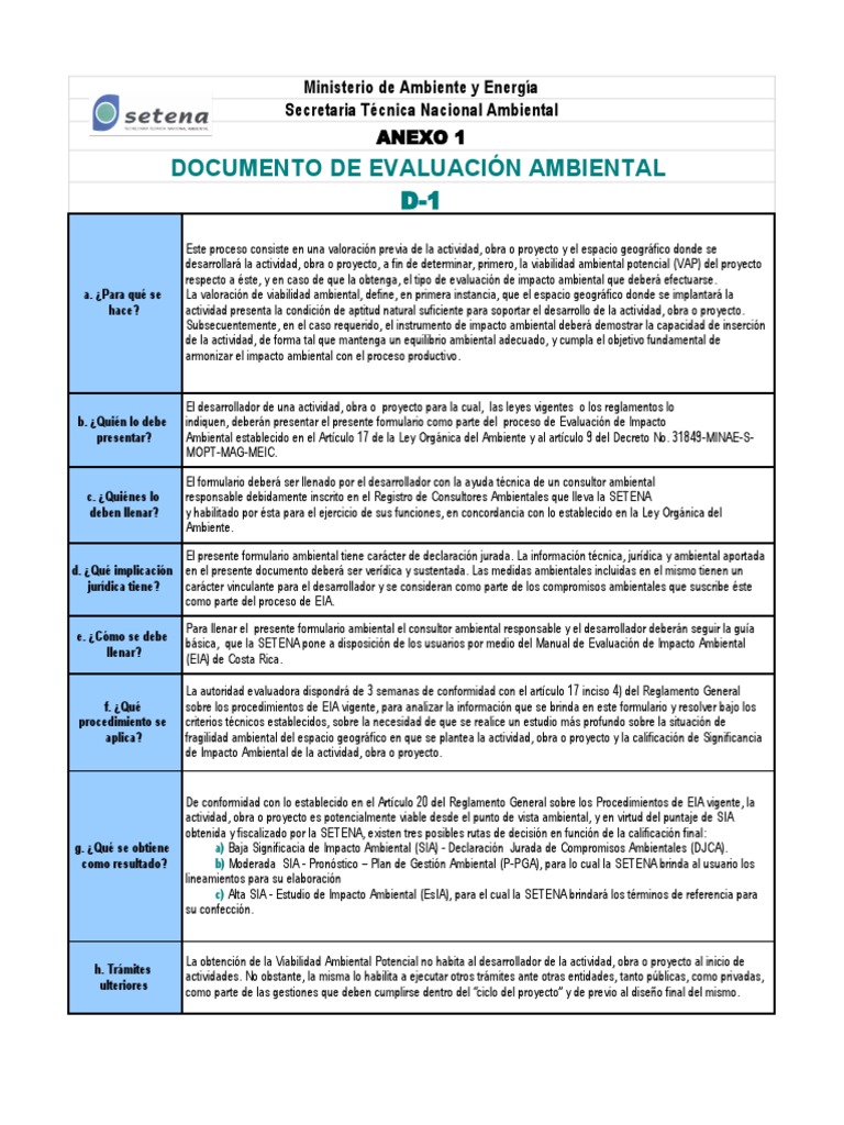 Formulario D1 SETENA Version Oficial Tarea 2. Jocelyn Miranda, Walter ...