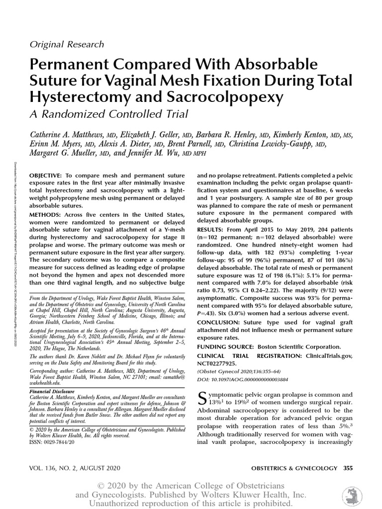 Permanent Compared With Absorbable Suture For Vaginal Mesh Fixation ...