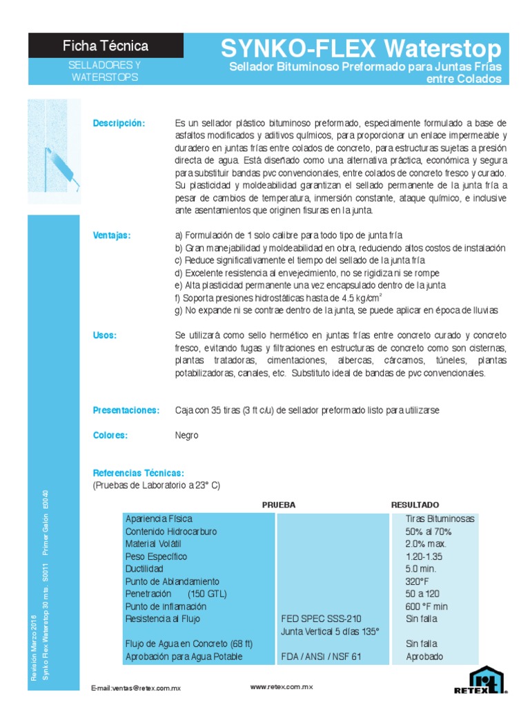 Synko-Flex Waterstop | PDF | Hormigón | Sustancias químicas