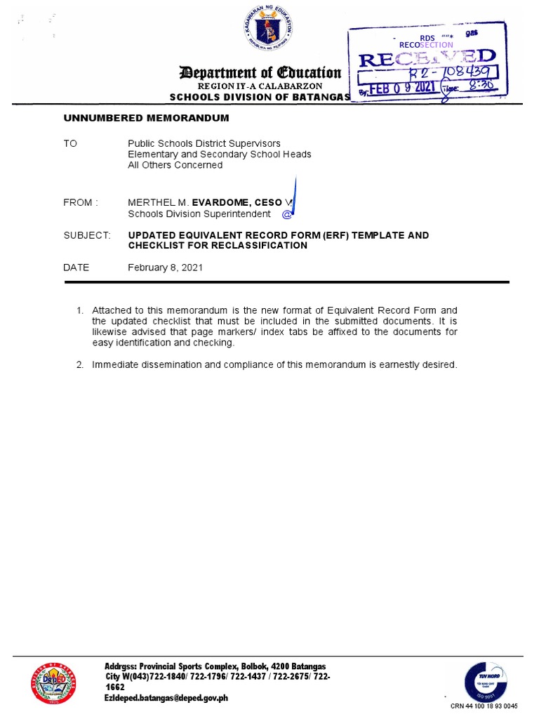 Updated Equivalent Record Form (Erf) Template and Checklist For Reclassification | PDF ...