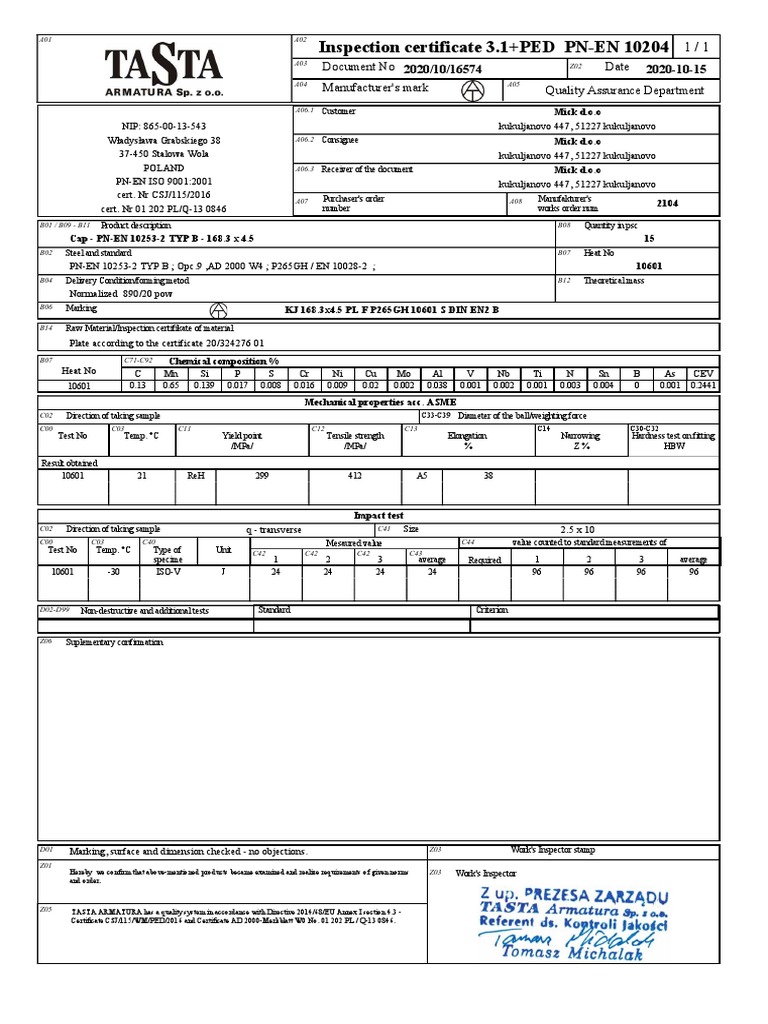 Inspection Certificate 3.1+PED PN-EN 10204 | PDF | Classical Mechanics ...