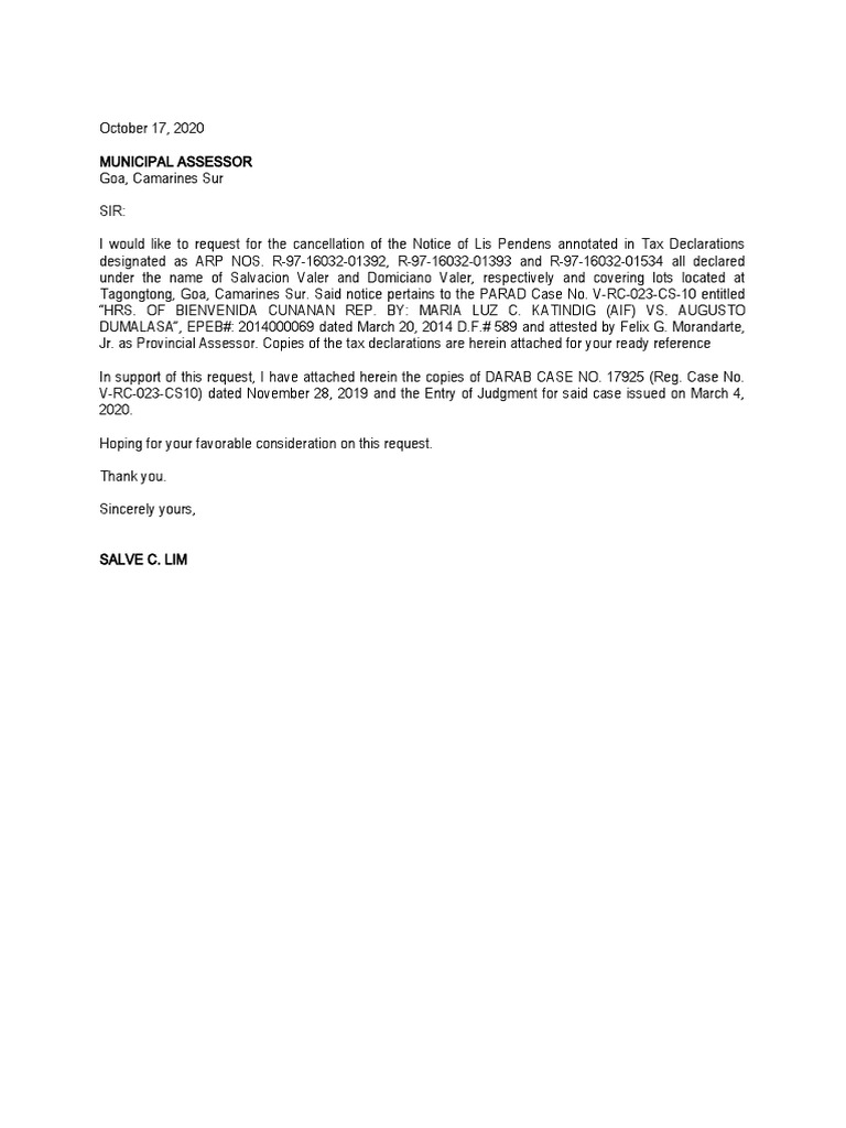 Letter Request-Goa Assessor-Lis Pendens | PDF