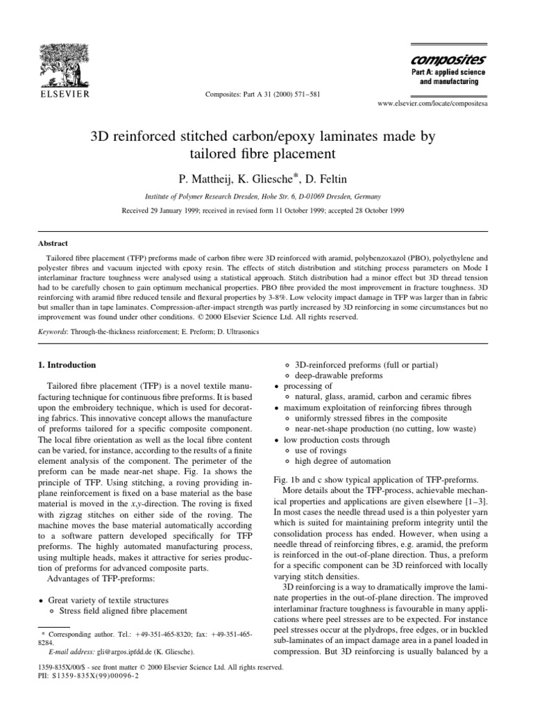 3d Reinforced Stitched Carbon Epoxy Laminates Made By Tailored Fibre Placement Pdf Composite